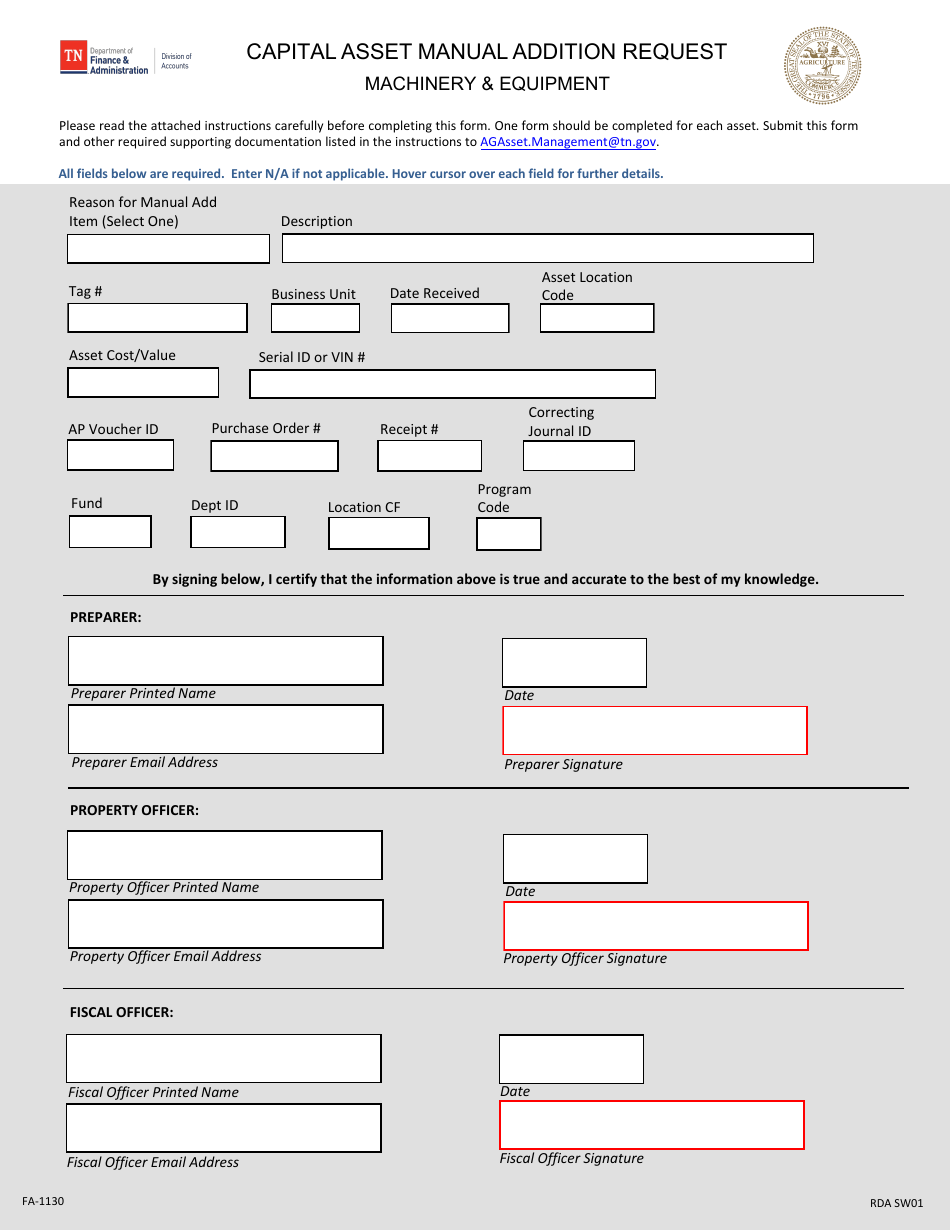 Form FA-1130 - Fill Out, Sign Online and Download Fillable PDF ...