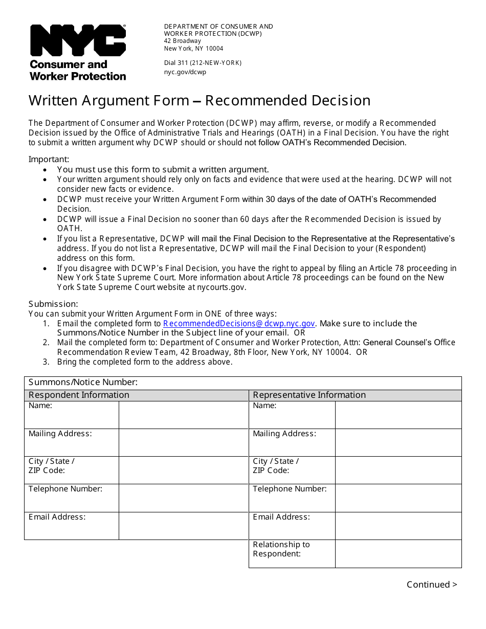 New York City Written Argument Form - Recommended Decision - Fill Out ...