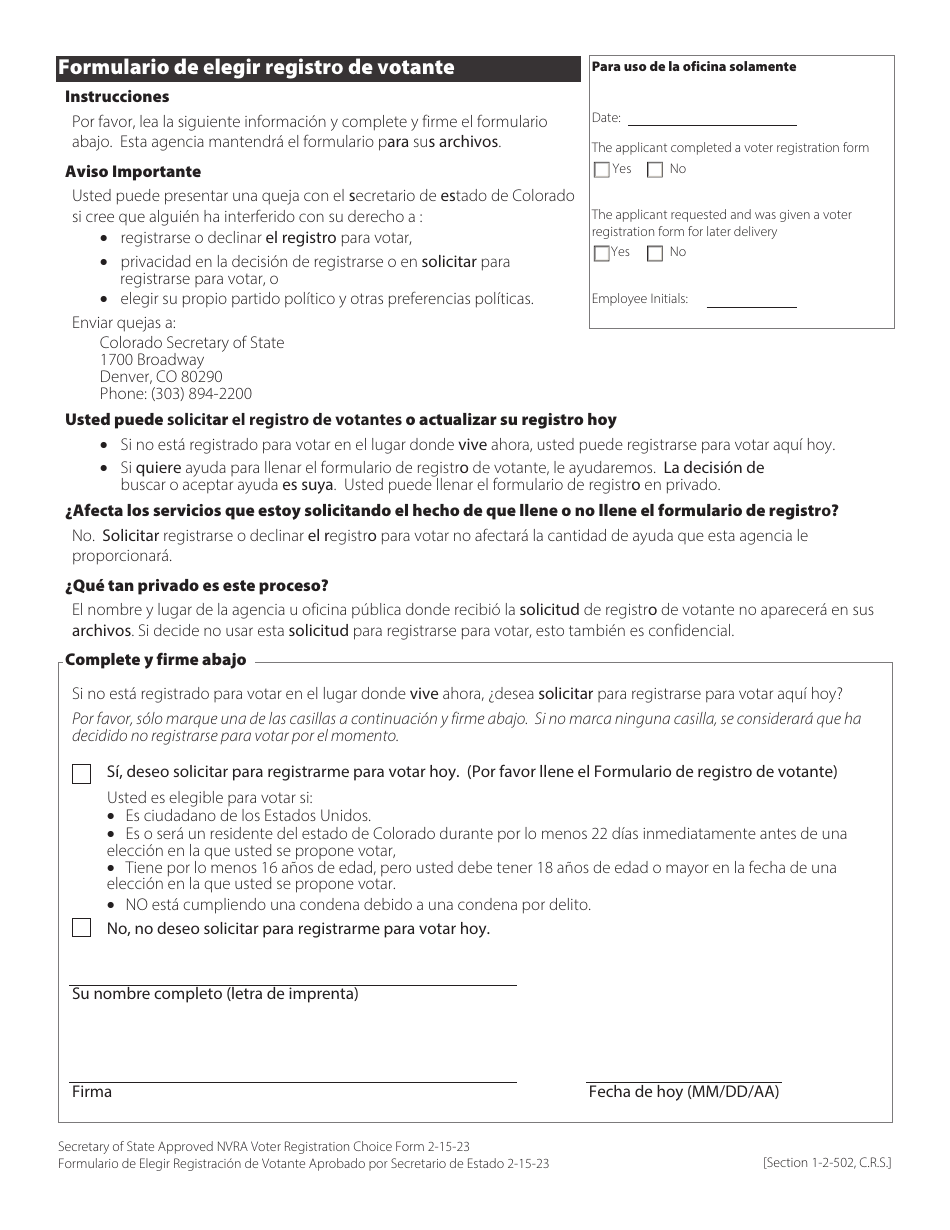 Colorado Voter Registration Choice Form (English/Spanish) - Fill Out ... Colorado Voter Registration Choice Form (English/Spanish) - Fill Out ...