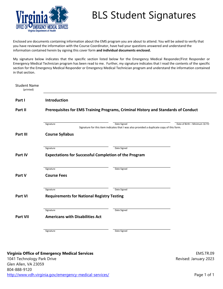 Form EMS.TR.09 Download Printable PDF or Fill Online Bls Student ...