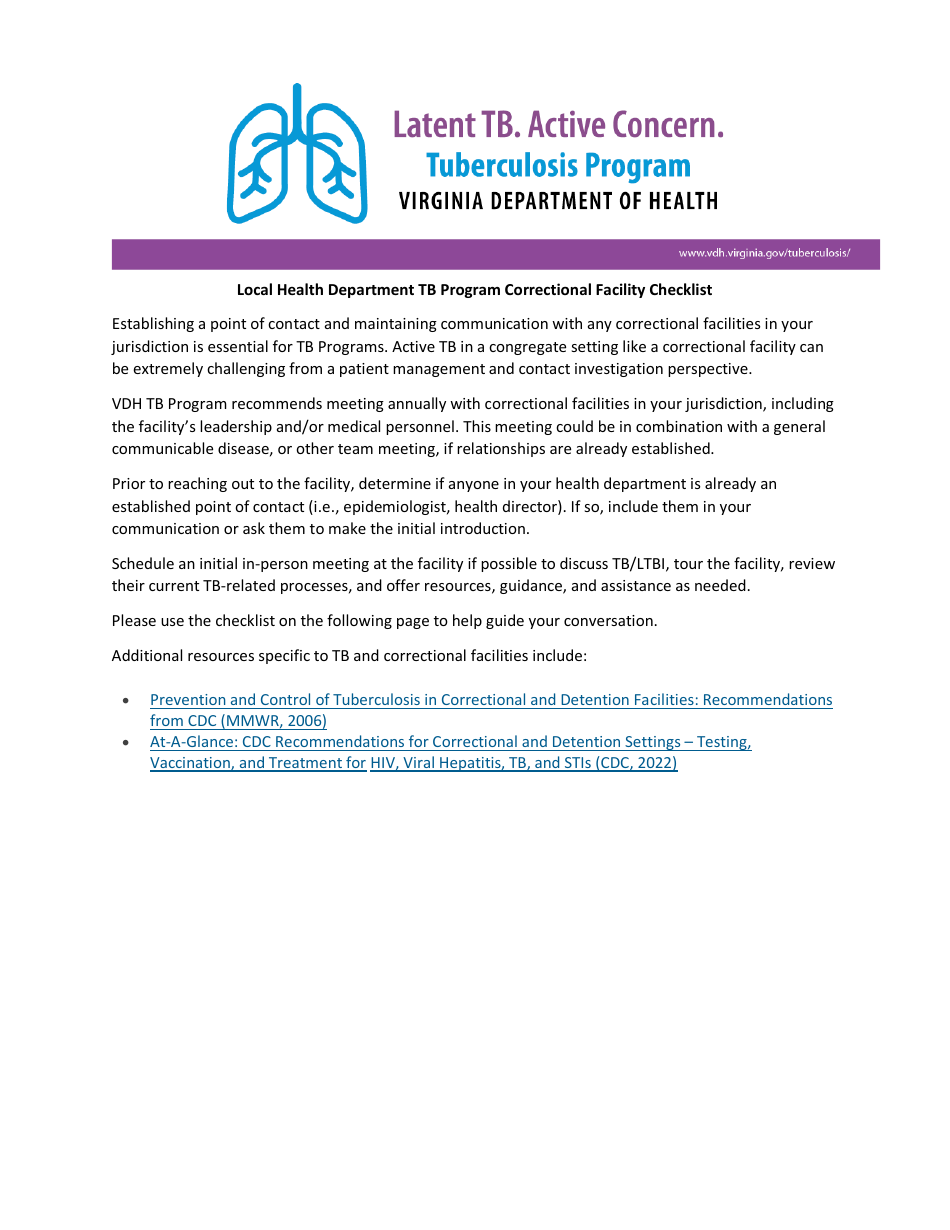 Virginia Local Health Department Tb Program Correctional Facility ...