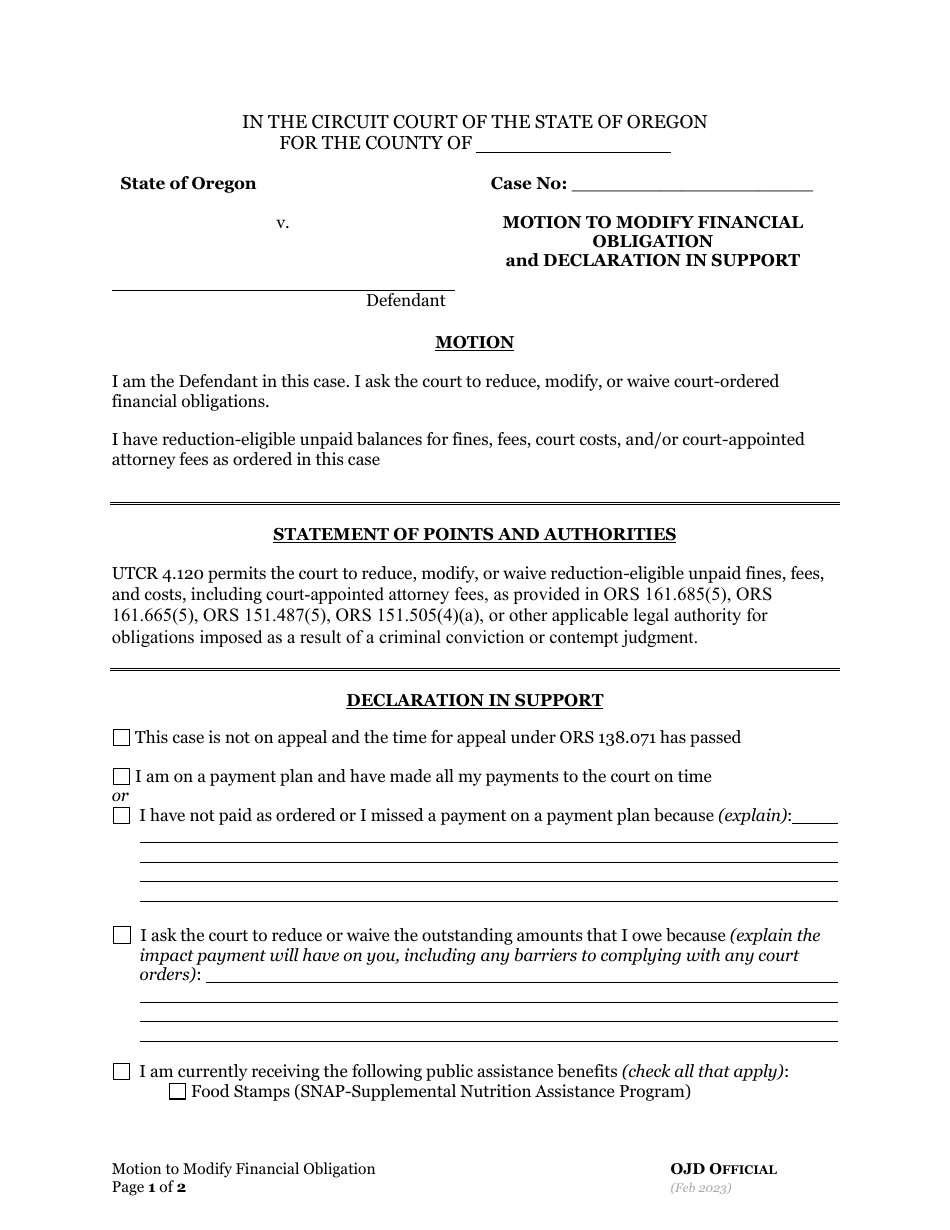 Oregon Motion to Modify Financial Obligation and Declaration in Support - Fill Out, Sign Online ...