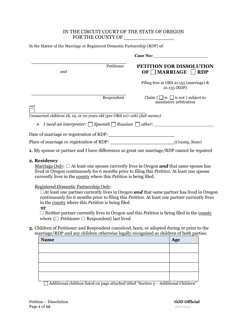 Oregon Petition for Dissolution of Marriage/Rdp With Children - Fill ...