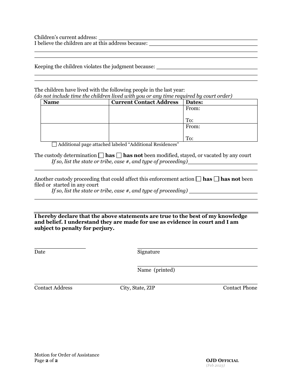 Oregon Motion/Petition for Order of Assistance and Declaration in ...