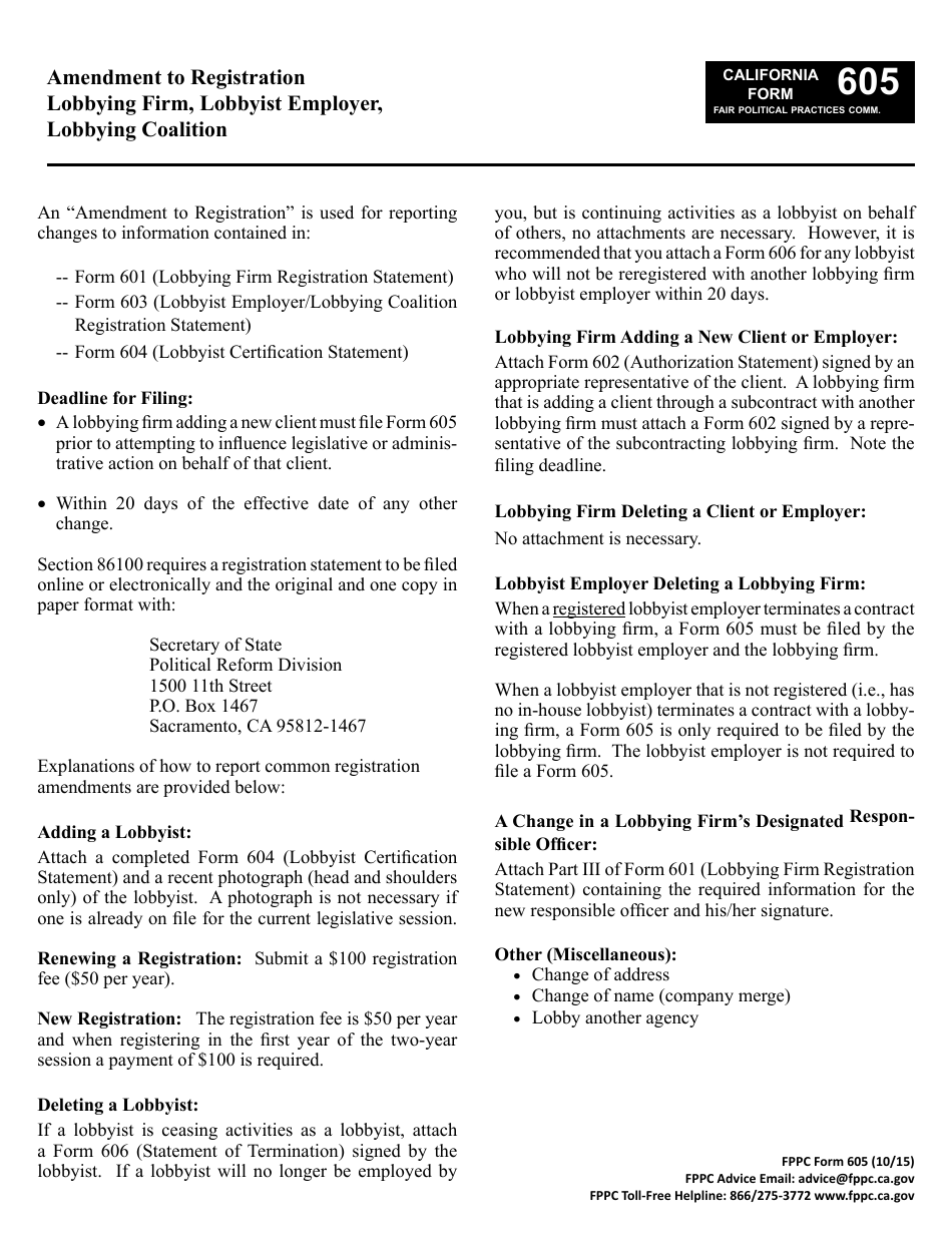 FPPC Form 605 Download Fillable PDF or Fill Online Amendment to ...