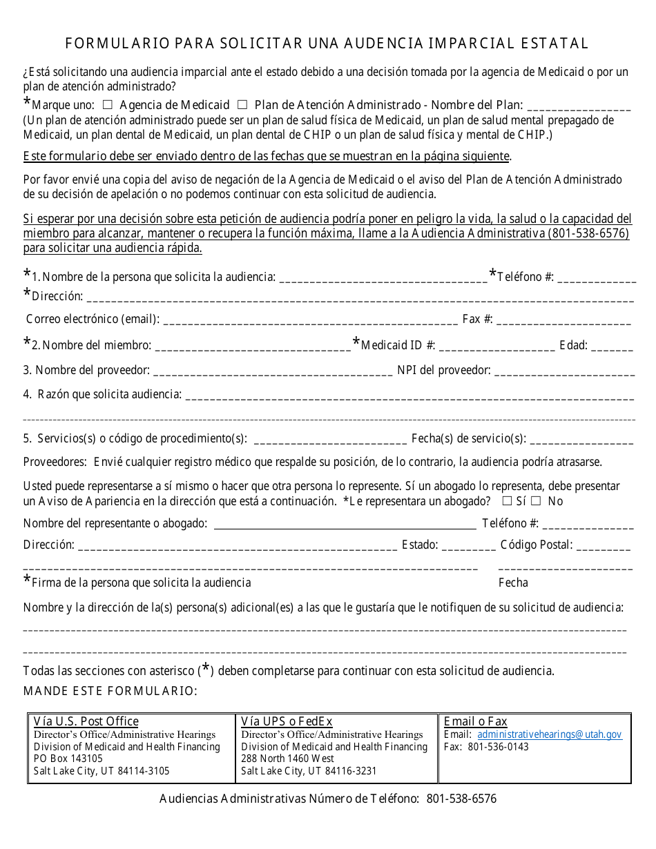 Utah Formulario Para Solicitar Una Audencia Imparcial Estatal (Spanish ...