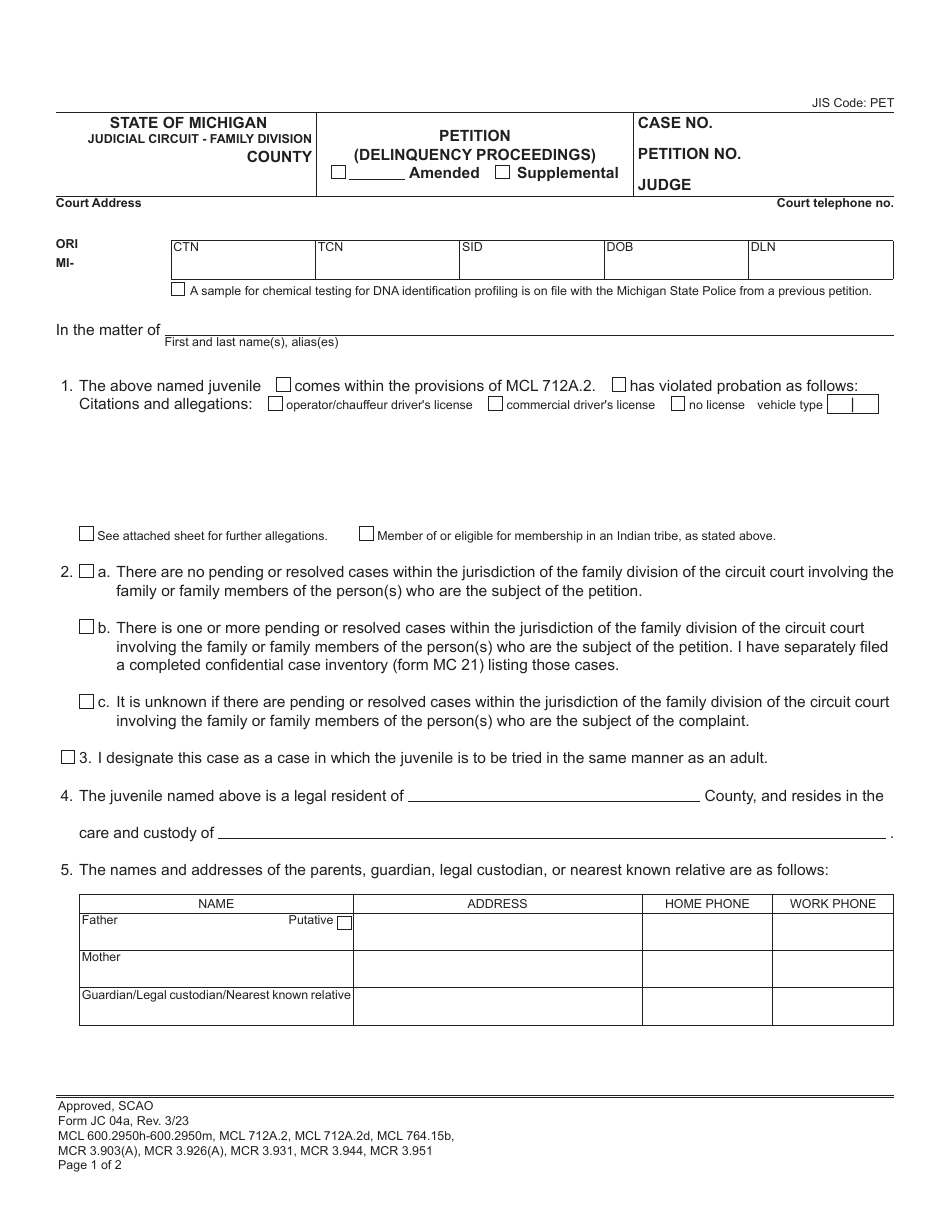 Form JC04A Download Fillable PDF or Fill Online Petition (Delinquency ...