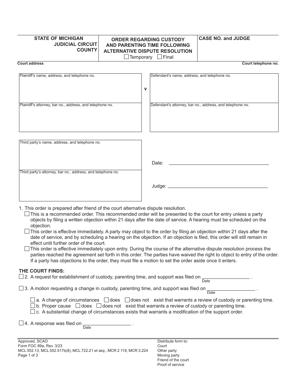 Form FOC89A - Fill Out, Sign Online and Download Fillable PDF, Michigan ...