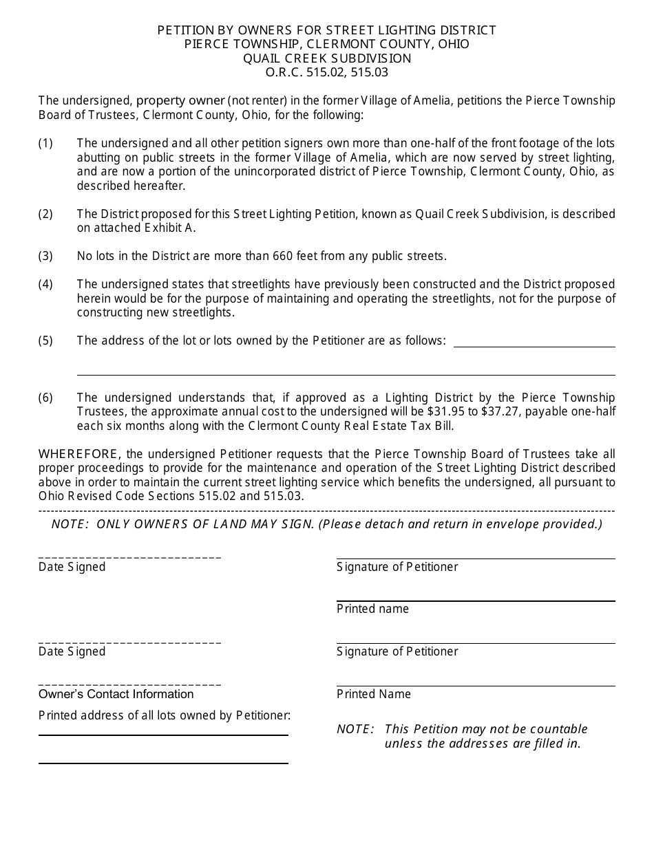 Pierce Township, Ohio Petition by Owners for Street Lighting District ...
