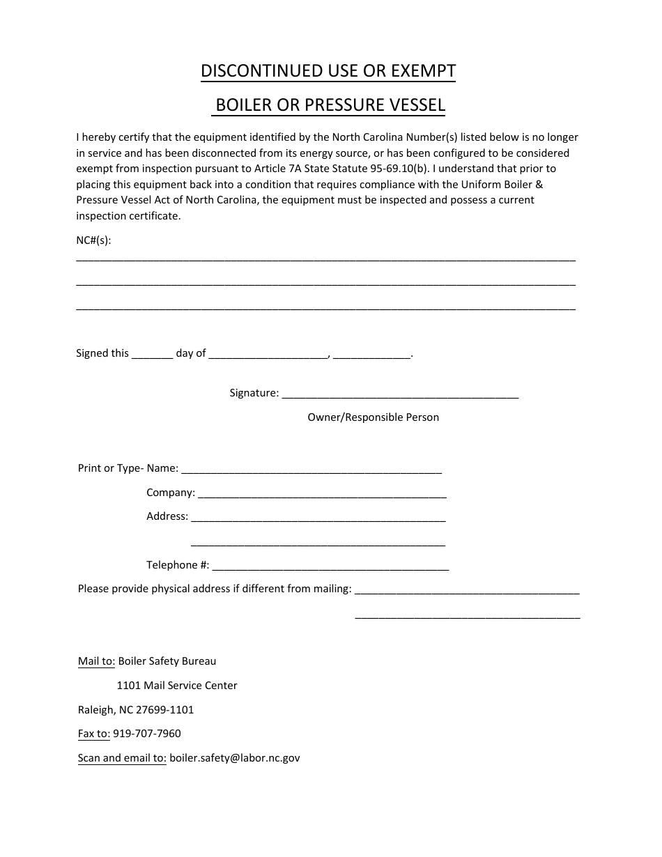 North Carolina Discontinued Use or Exempt Boiler or Pressure Vessel ...