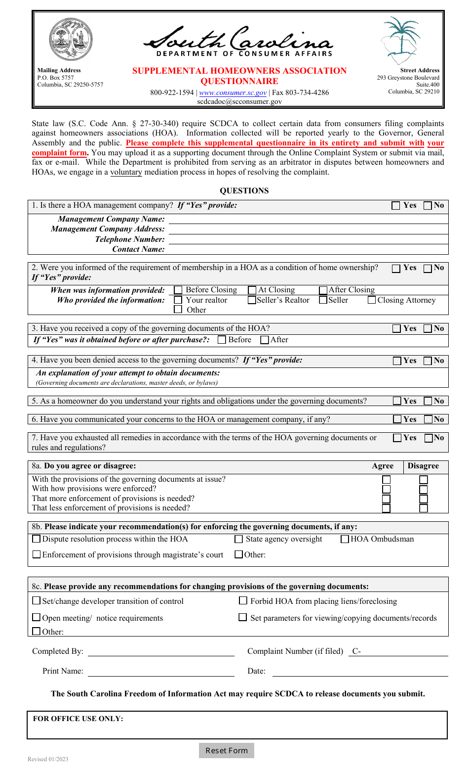 South Carolina Supplemental Homeowners Association Questionnaire ...
