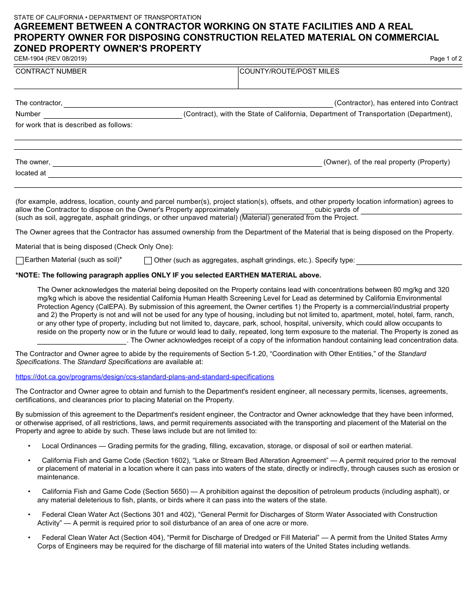 Form CEM-1904 Download Fillable PDF or Fill Online Agreement Between a ...