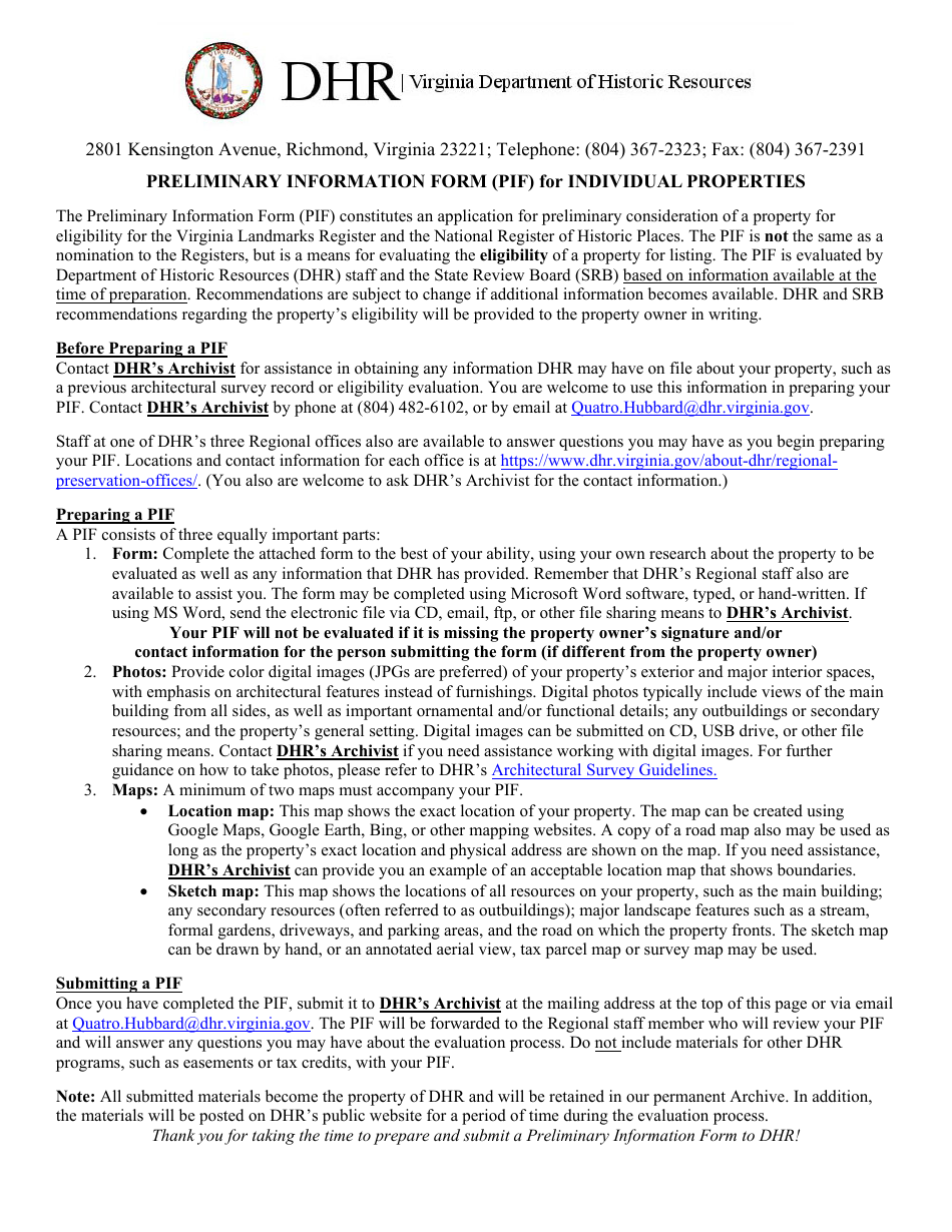Virginia Preliminary Information Form (PIF) for Individual Properties ...