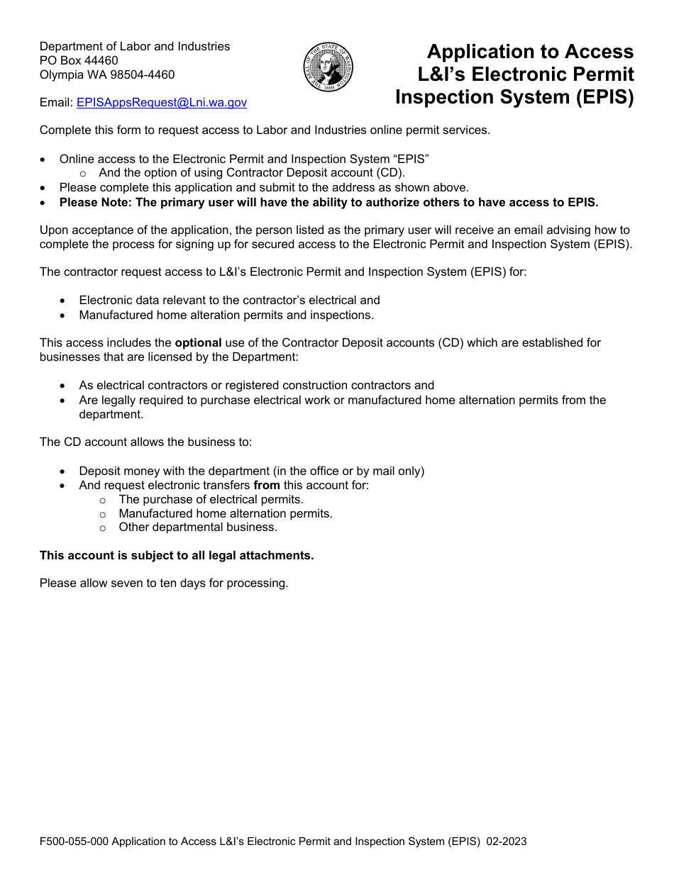 Form F500-055-000 Download Fillable PDF or Fill Online Application to ...