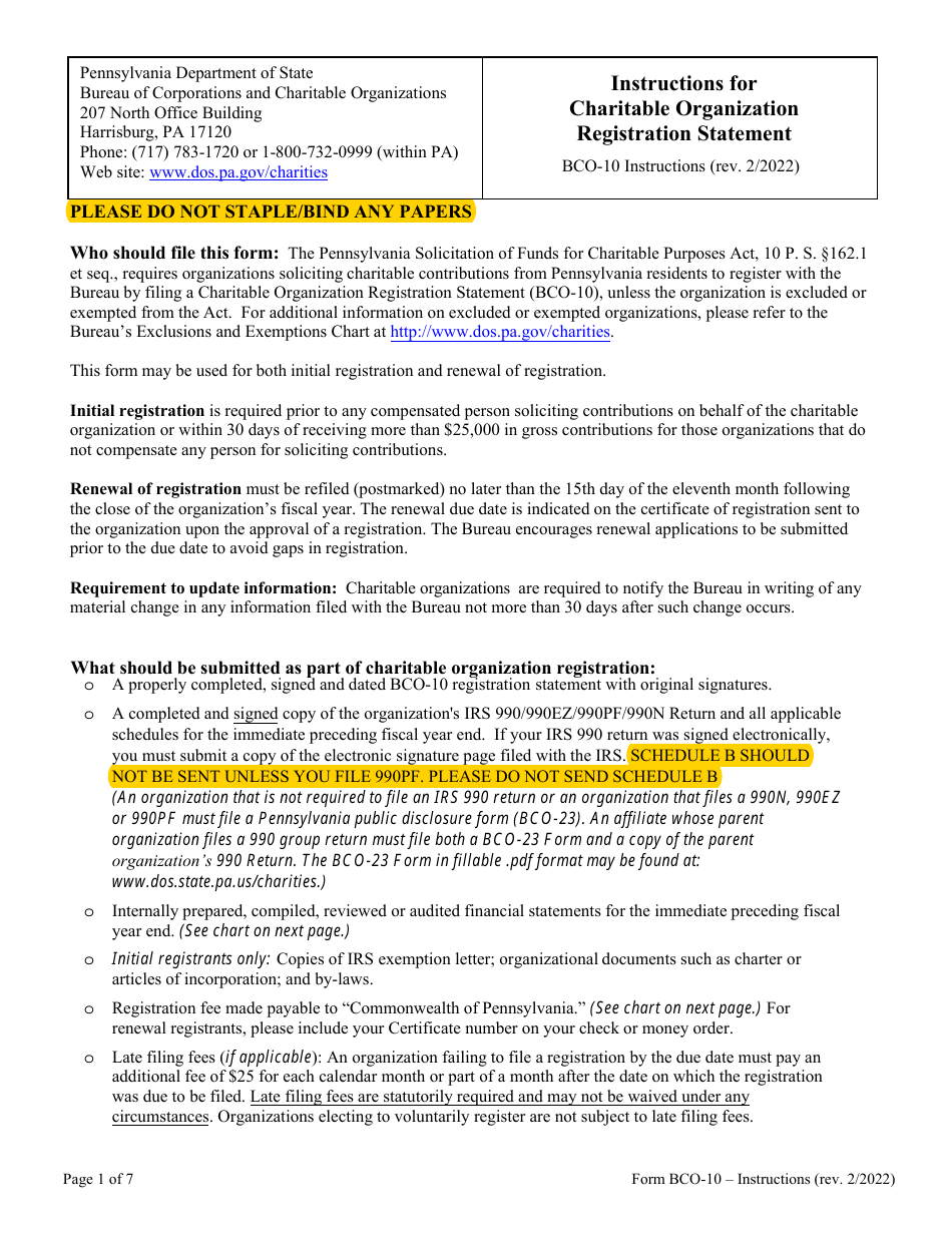 Download Instructions for Form BCO-10 Charitable Organization ...