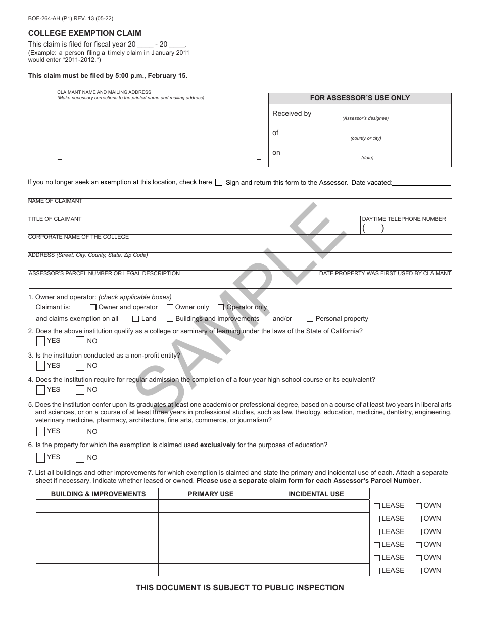 Form BOE-264-AH Download Printable PDF or Fill Online College Exemption ...