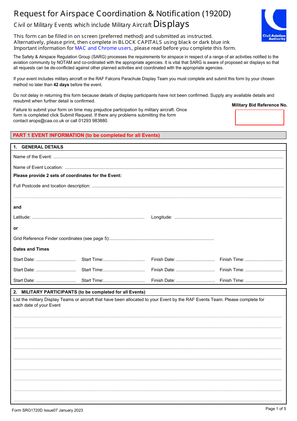 Form SRG1720D Download Fillable PDF or Fill Online Request for Airspace ...