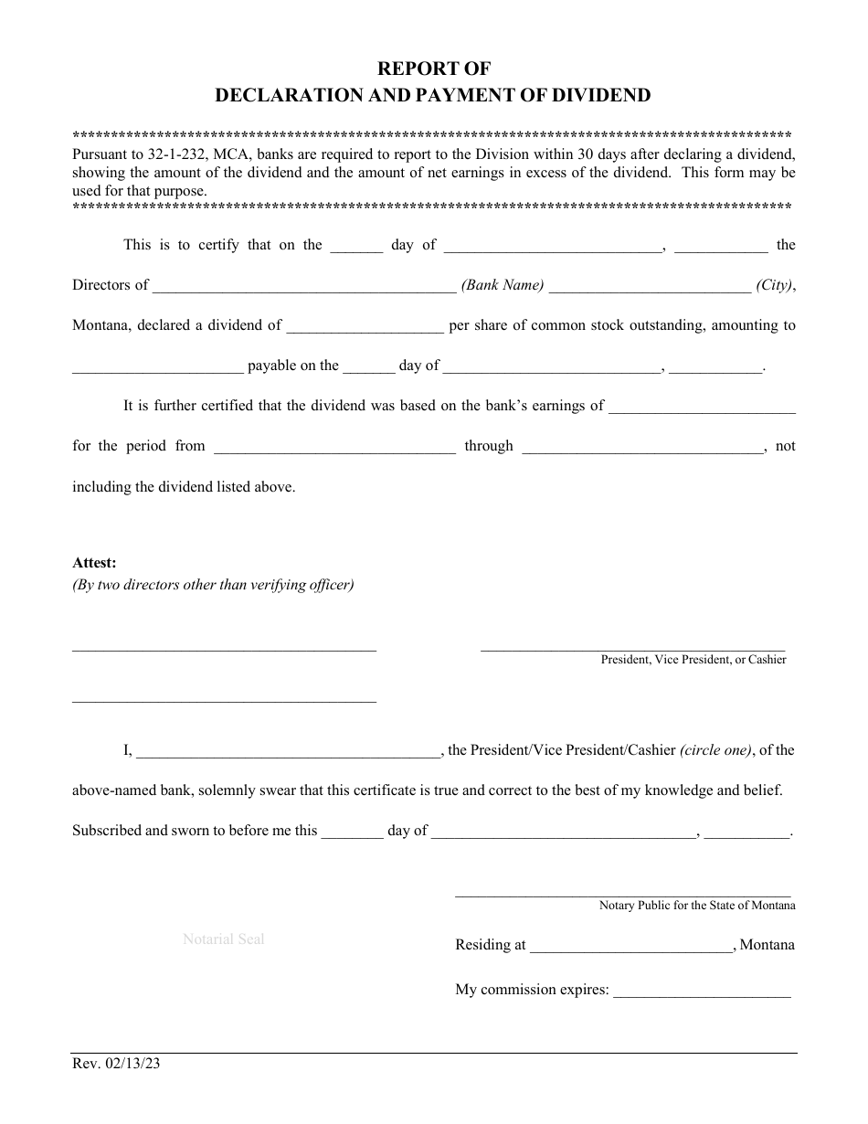 Montana Report of Declaration and Payment of Dividend Download Fillable ...