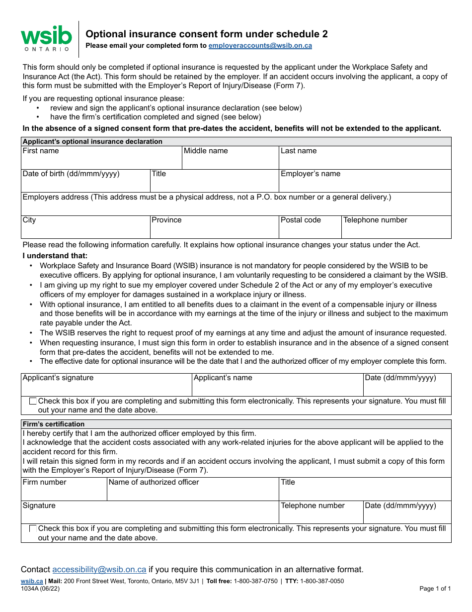 Form 1034A Download Fillable PDF or Fill Online Optional Insurance ...