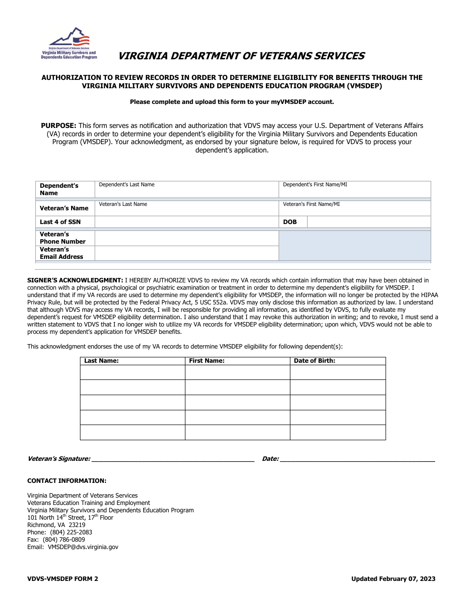 VDVS-VMSDEP Form 2 Download Fillable PDF or Fill Online Authorizaion to ...