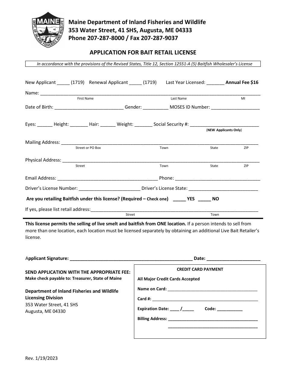 Maine Application for Bait Retail License Download Fillable PDF ...