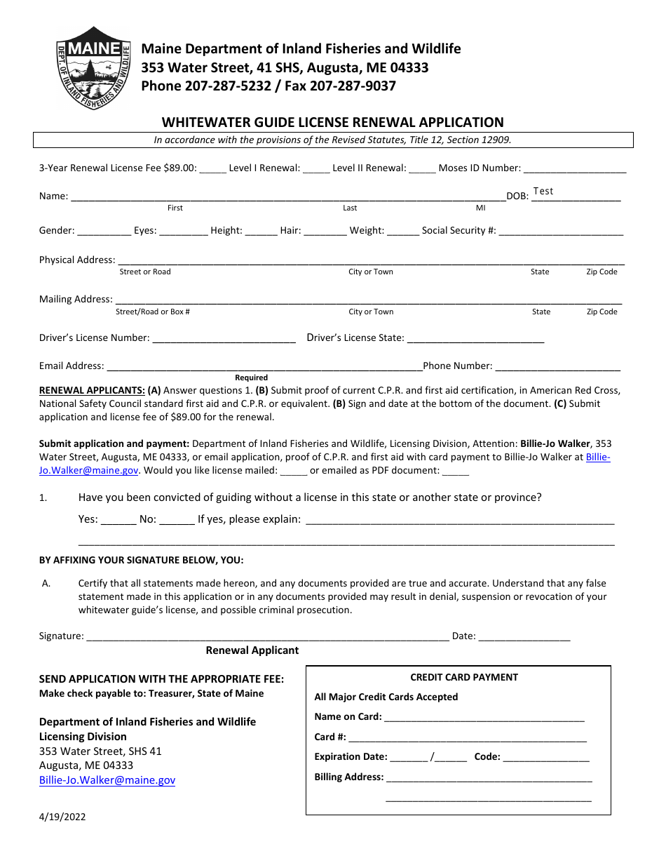 Maine Whitewater Guide License Renewal Application Download Fillable ...
