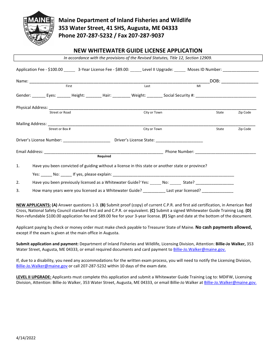 Maine New Whitewater Guide License Application Download Fillable PDF ...