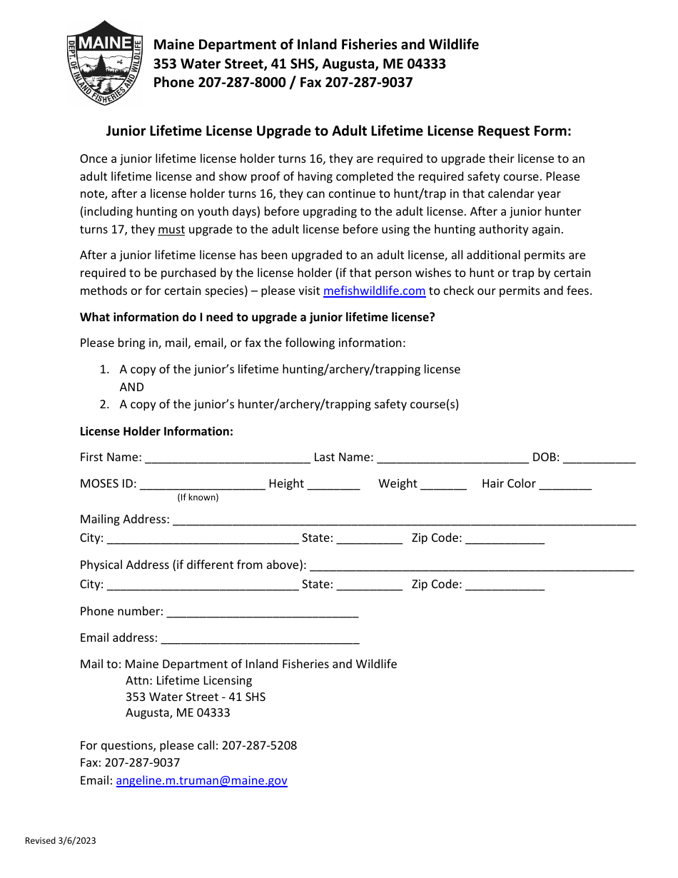 Maine Junior Lifetime License Upgrade to Adult Lifetime License Request ...
