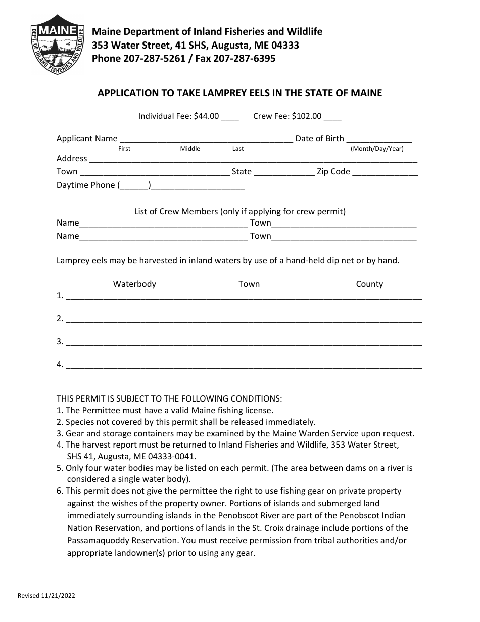 Maine Application to Take Lamprey Eels in the State of Maine Download ...