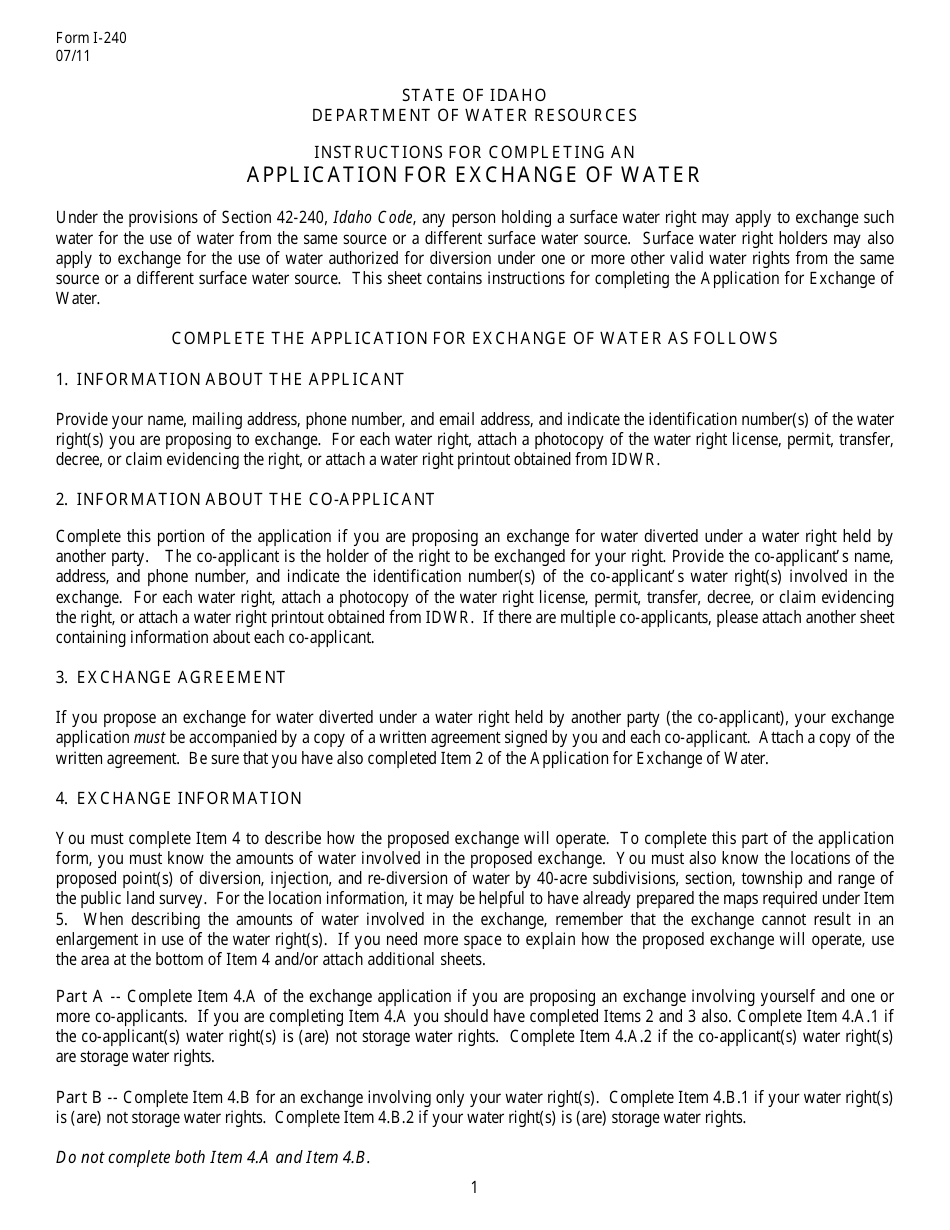 Download Instructions for Form 240 Application for Exchange of Water ...
