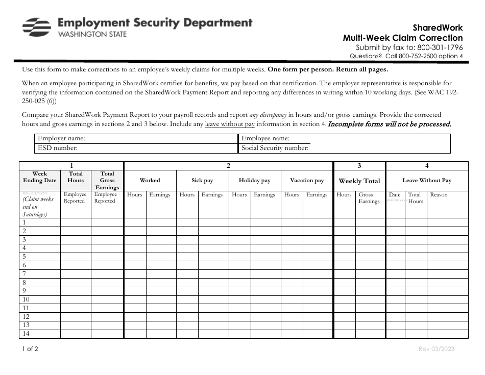Washington Sharedwork Multi-Week Claim Correction - Fill Out, Sign ...