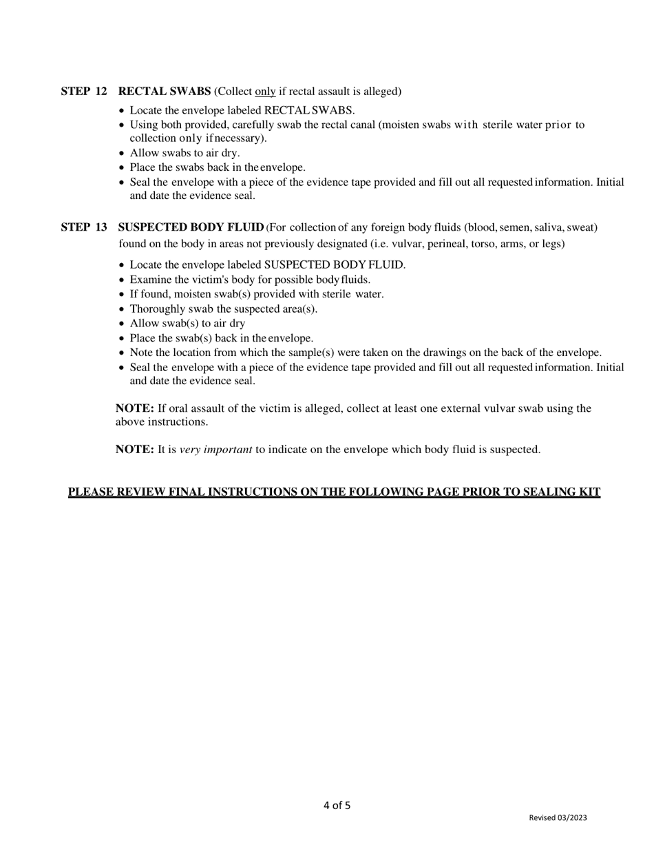 South Carolina Sled Sexual Assault Evidence Collection Kit Instructions