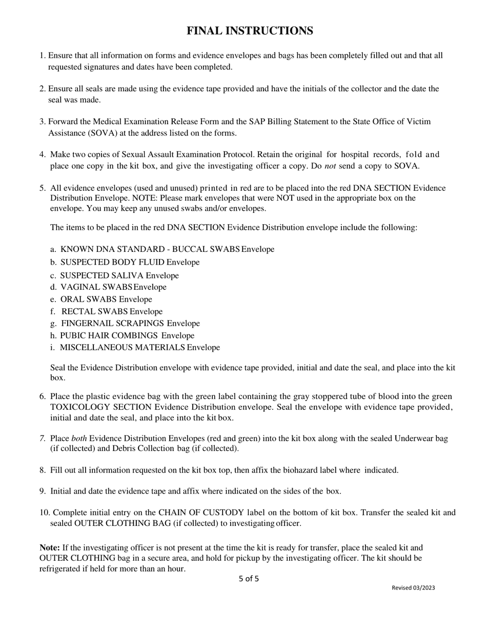 South Carolina Sled Sexual Assault Evidence Collection Kit Instructions