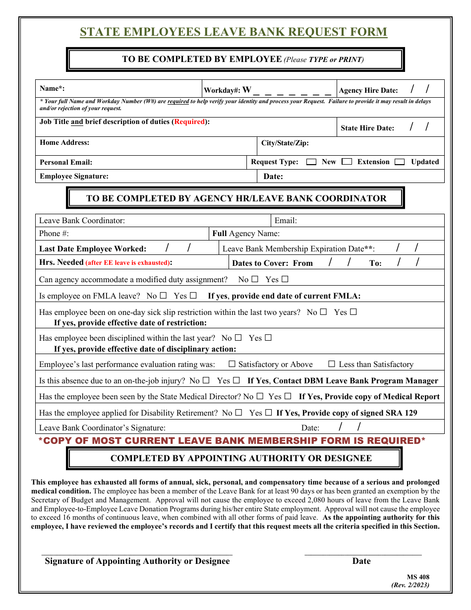 Form MS408 Download Printable PDF or Fill Online State Employees Leave ...