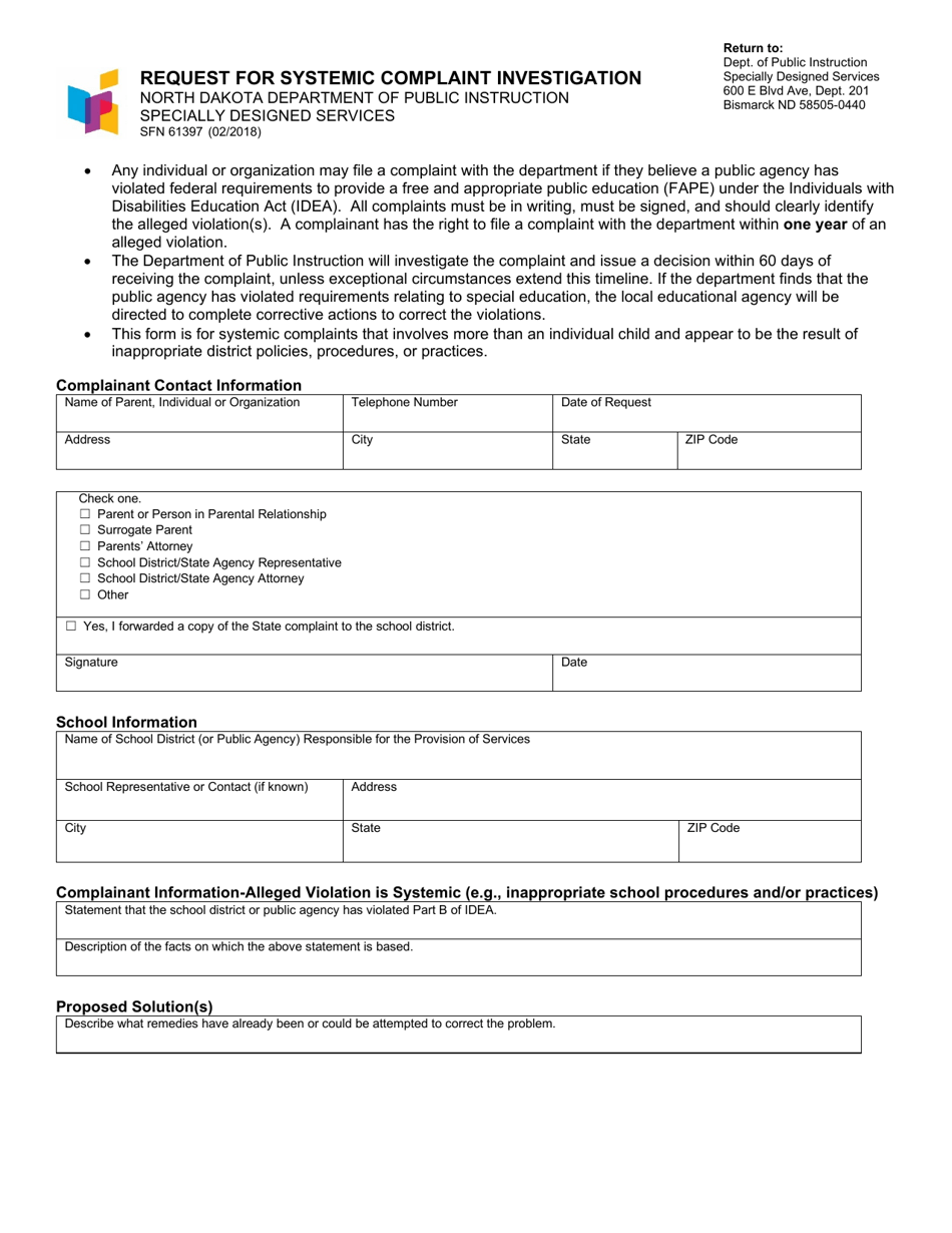 Form SFN61397 - Fill Out, Sign Online and Download Fillable PDF, North ...