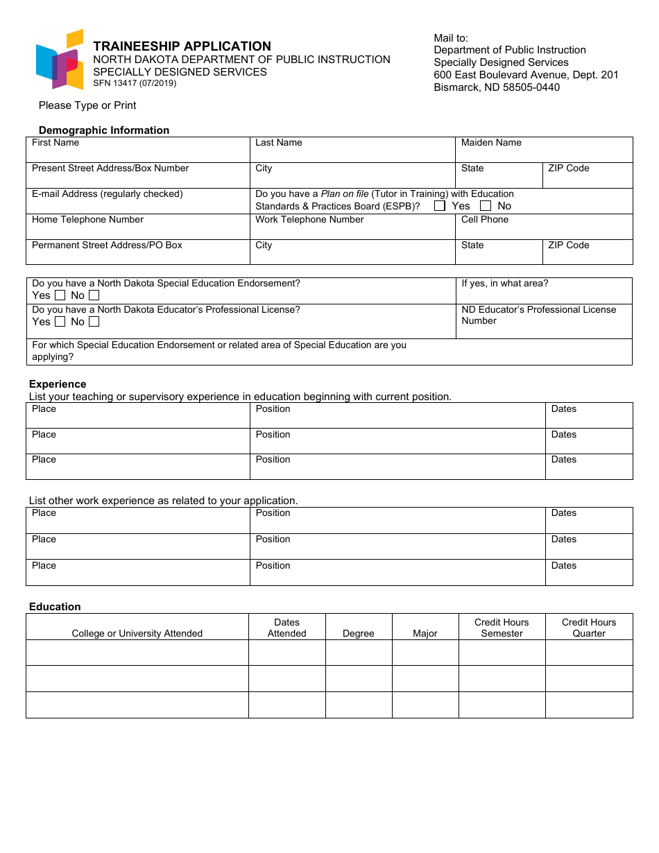 Form SFN13417 Download Fillable PDF or Fill Online Traineeship Application, North Dakota ...