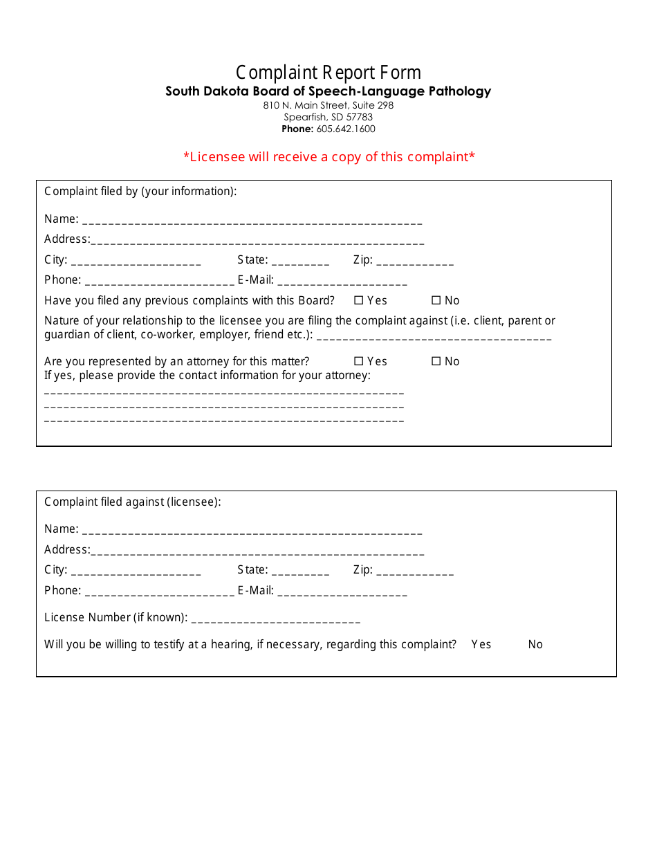 South Dakota Complaint Report Form - South Dakota Board of Speech ...