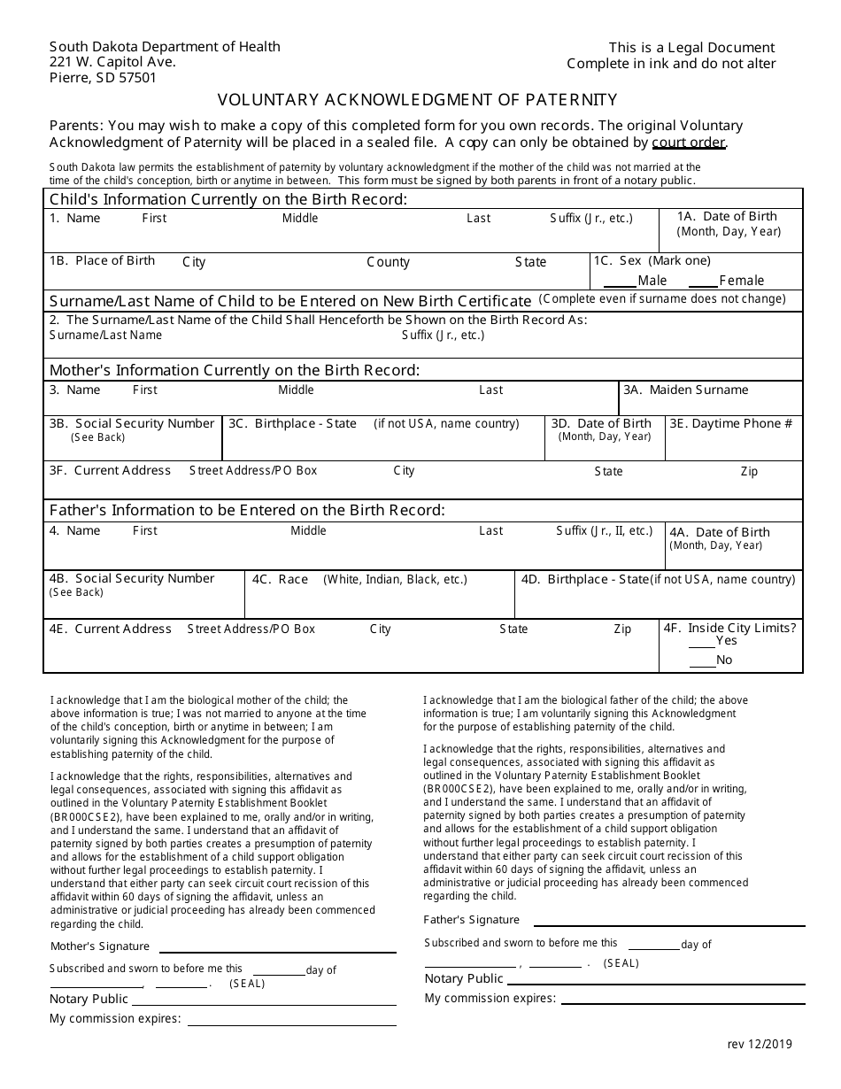 South Dakota Voluntary Acknowledgment of Paternity - Fill Out, Sign ...