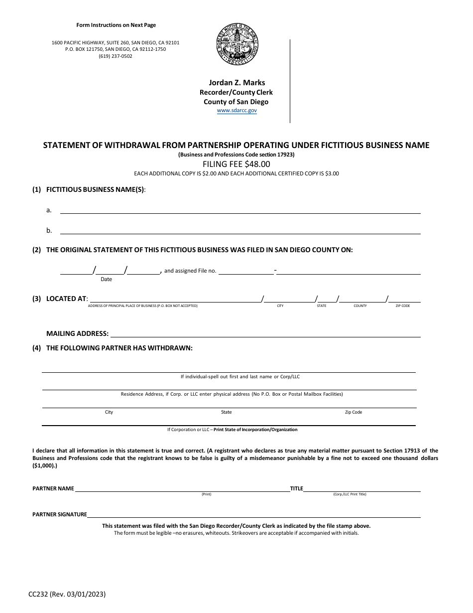 Form CC232 - Fill Out, Sign Online and Download Printable PDF, County ...