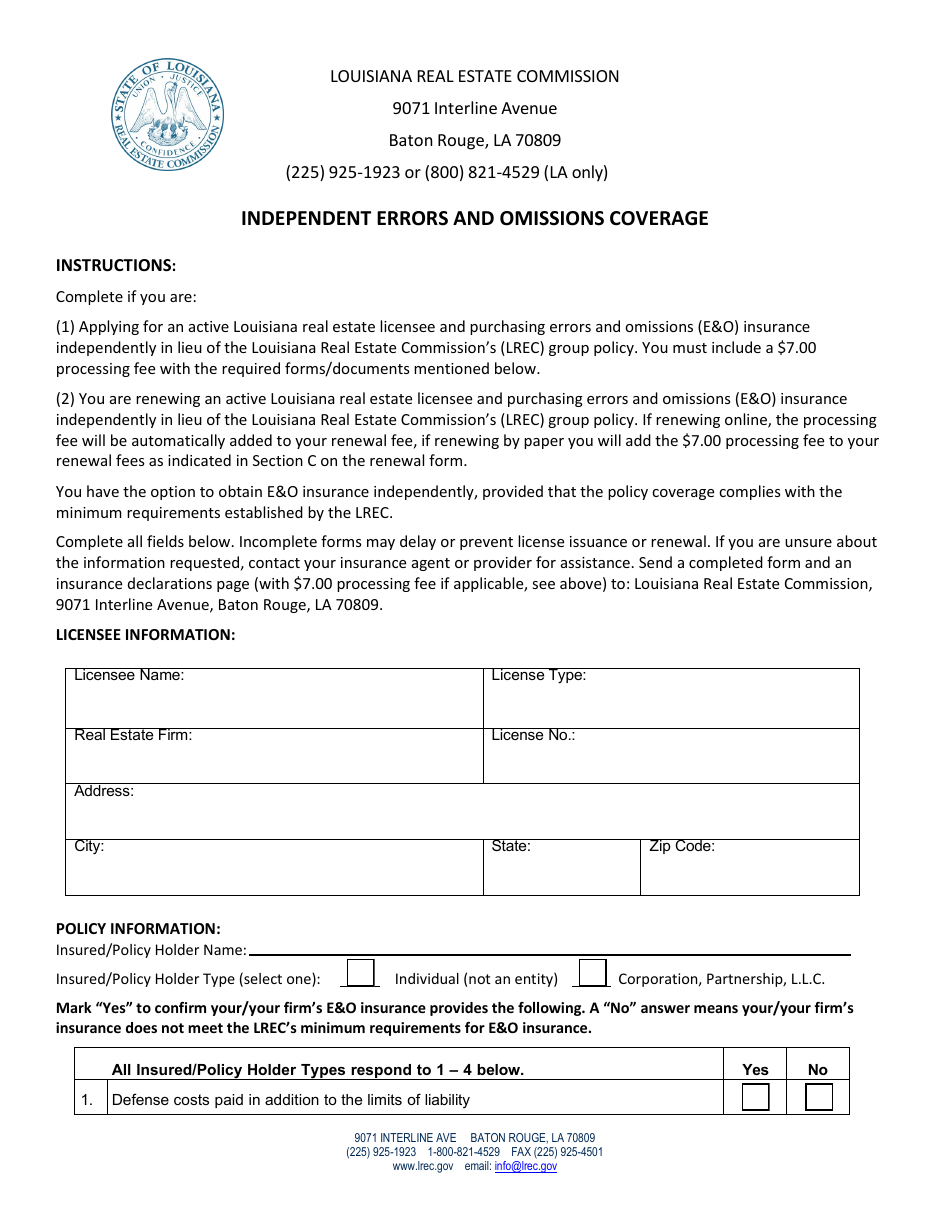 Louisiana Independent Errors and Omissions Coverage Download Fillable ...