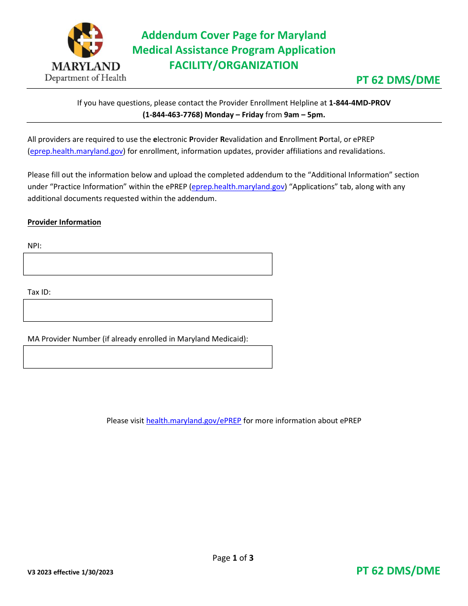 Maryland Addendum Cover Page for Maryland Medical Assistance Program ...