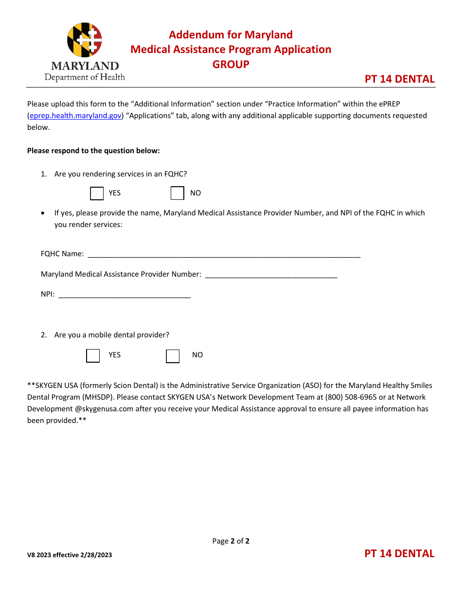 Maryland Addendum for Maryland Medical Assistance Program Application - Group - Pt 14 Dental ...