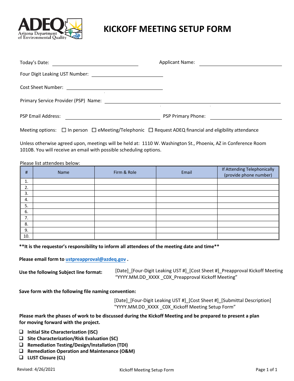 Arizona Underground Storage Tank (Ust) Kickoff Meeting Setup Form ...