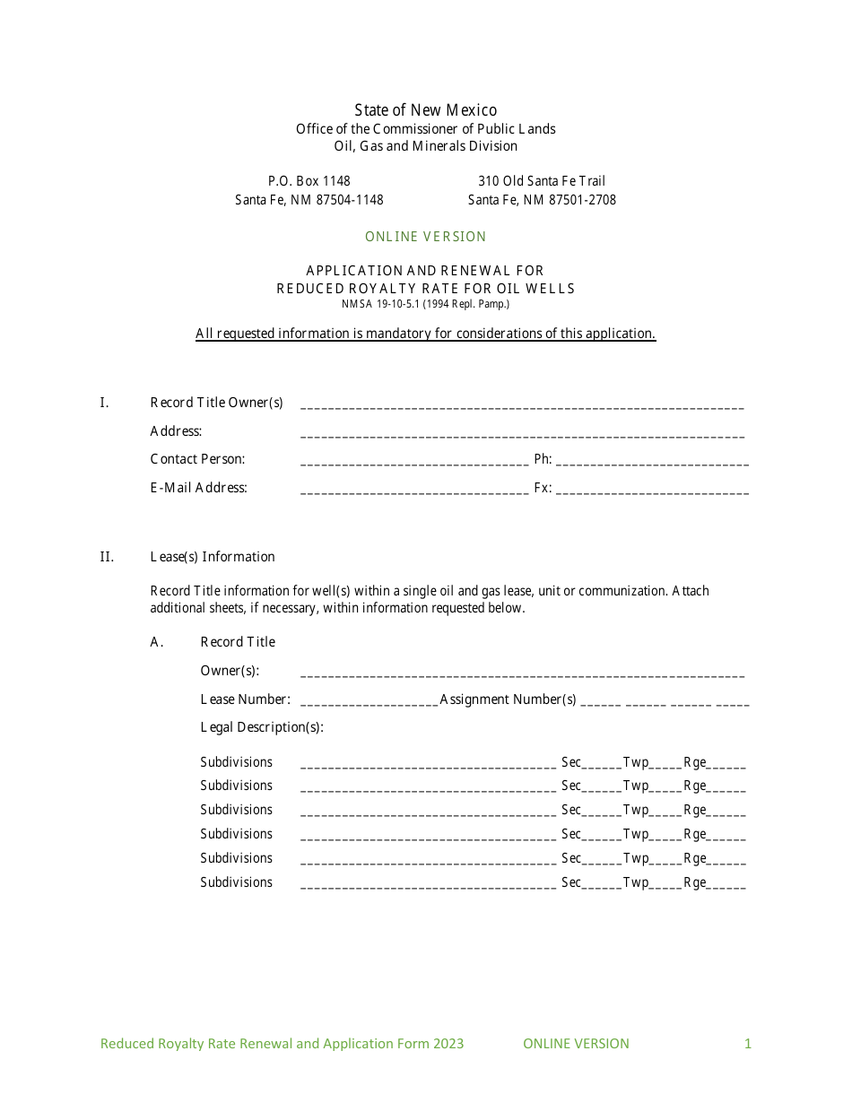 New Mexico Application and Renewal for Reduced Royalty Rate for Oil ...
