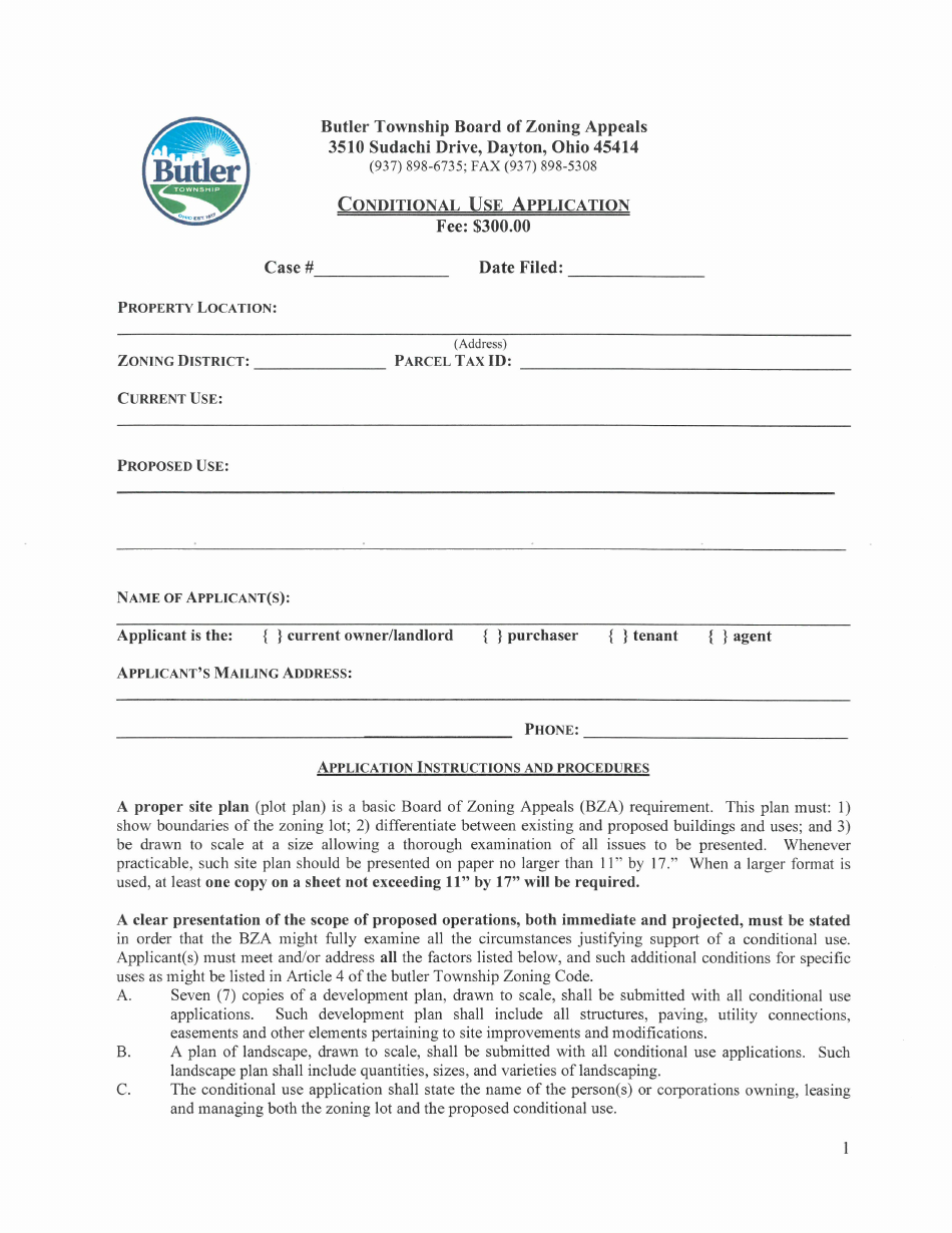Butler Township, Ohio Conditional Use Application - Fill Out, Sign ...
