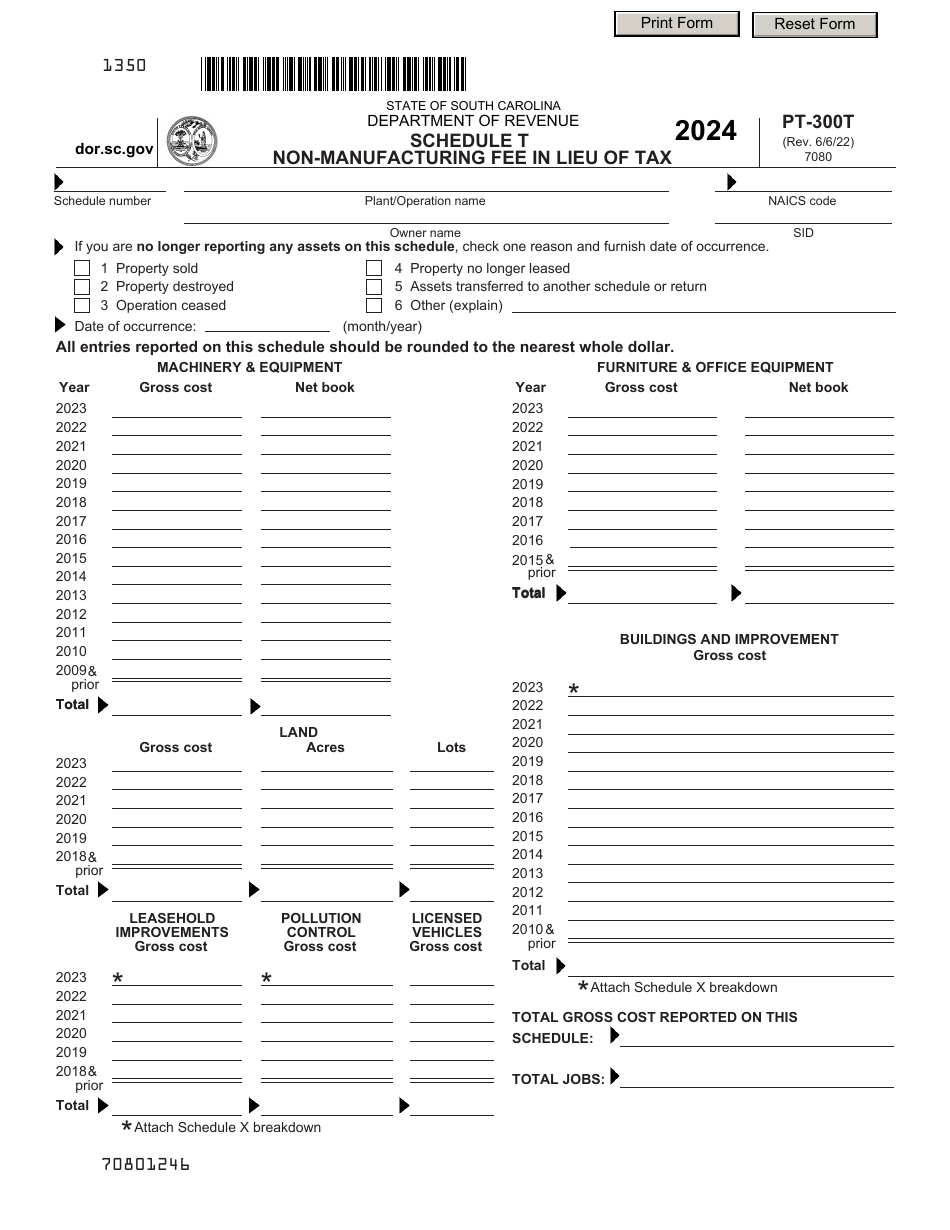 Form PT-300 Schedule T Download Fillable PDF or Fill Online Non-manufacturing Fee in Lieu of Tax ...