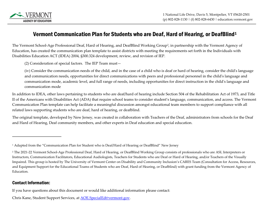 Vermont Vermont Communication Plan for Students Who Are Deaf, Hard of Hearing, or Deafblind ...