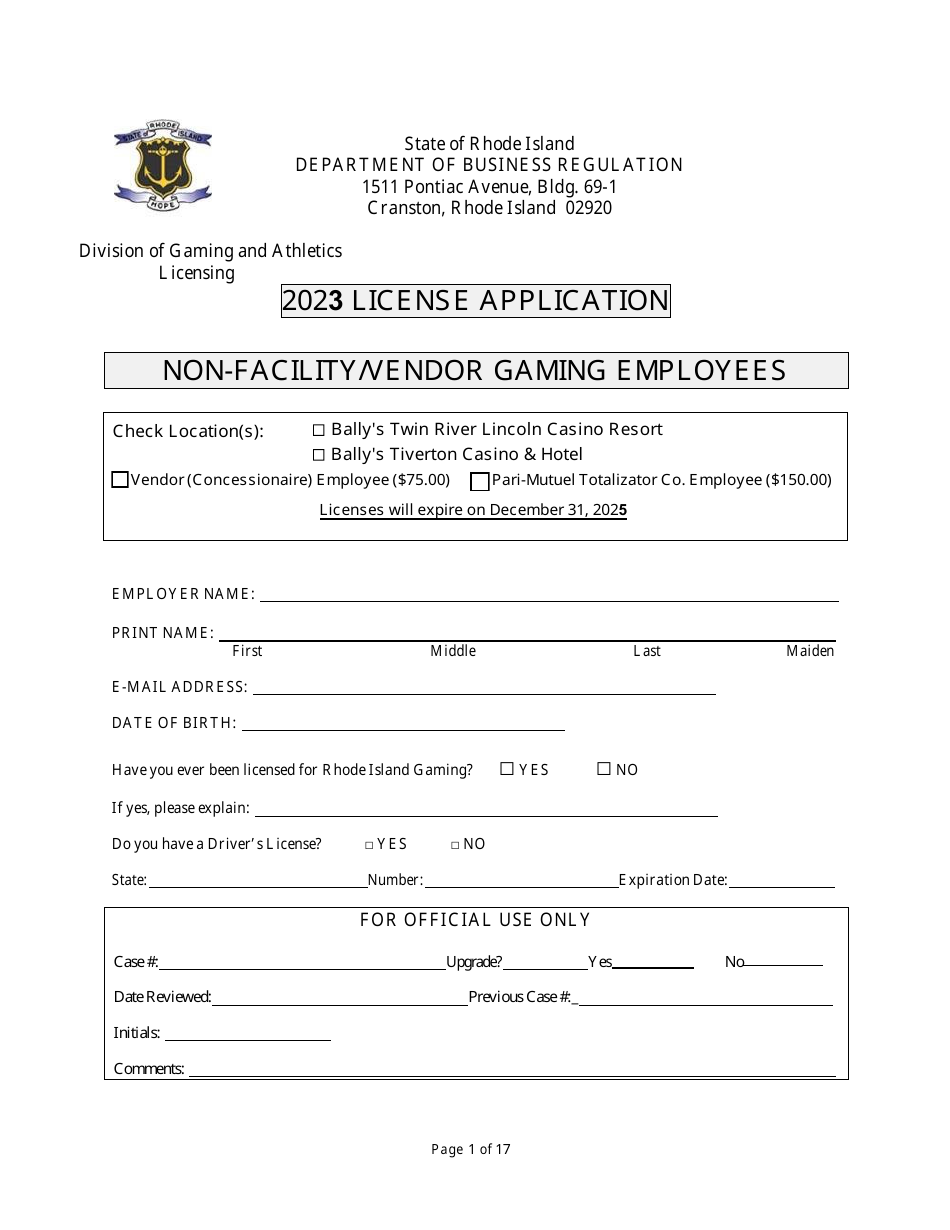2023 Rhode Island Non-facility/Vendor Gaming Employees License ...