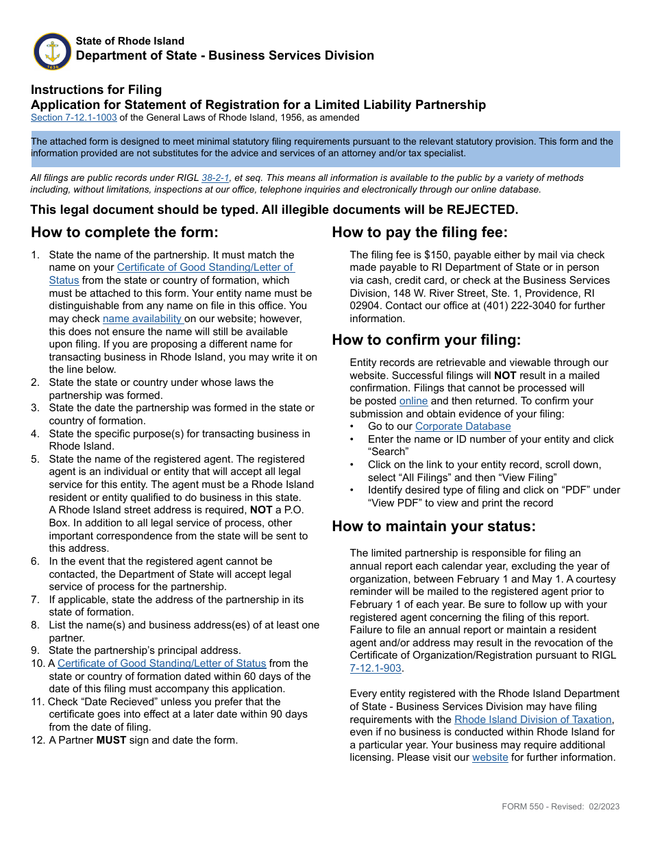 Form 550 - Fill Out, Sign Online and Download Fillable PDF, Rhode ...