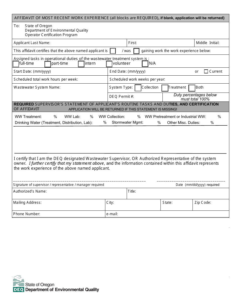 Oregon Affidavit of Most Recent Work Experience - Fill Out, Sign Online ...